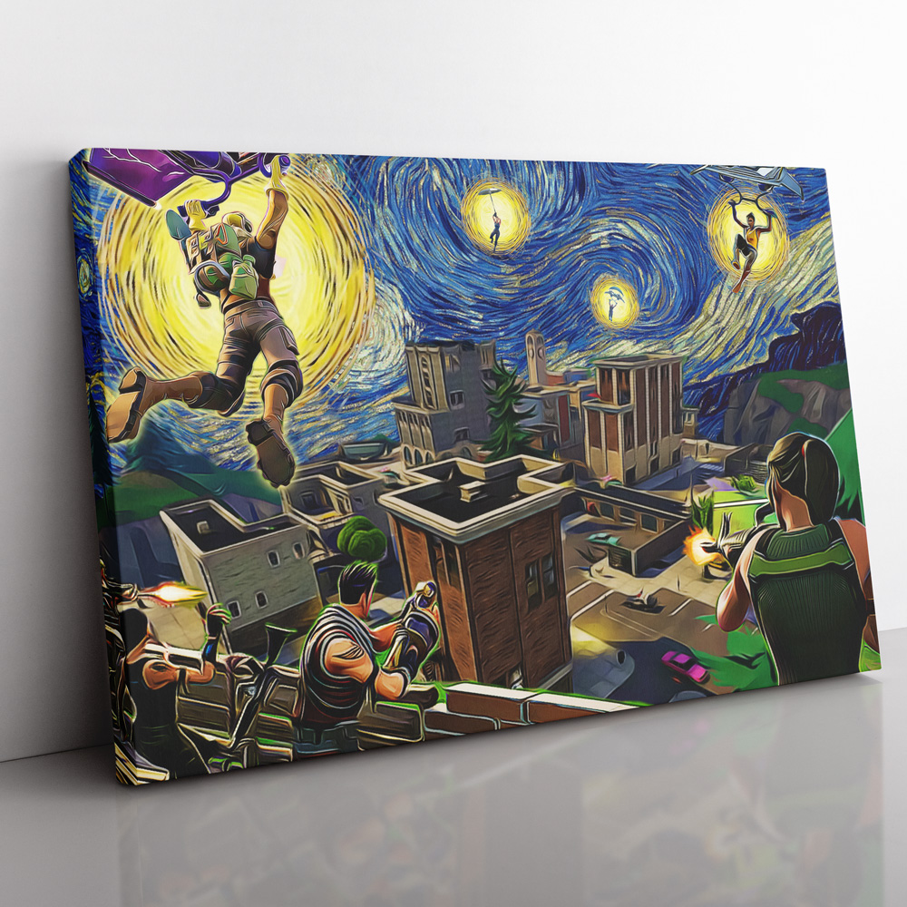 Fortnite Starry Night Tilted Towers Canvas Print Wall Art - Anime Bape