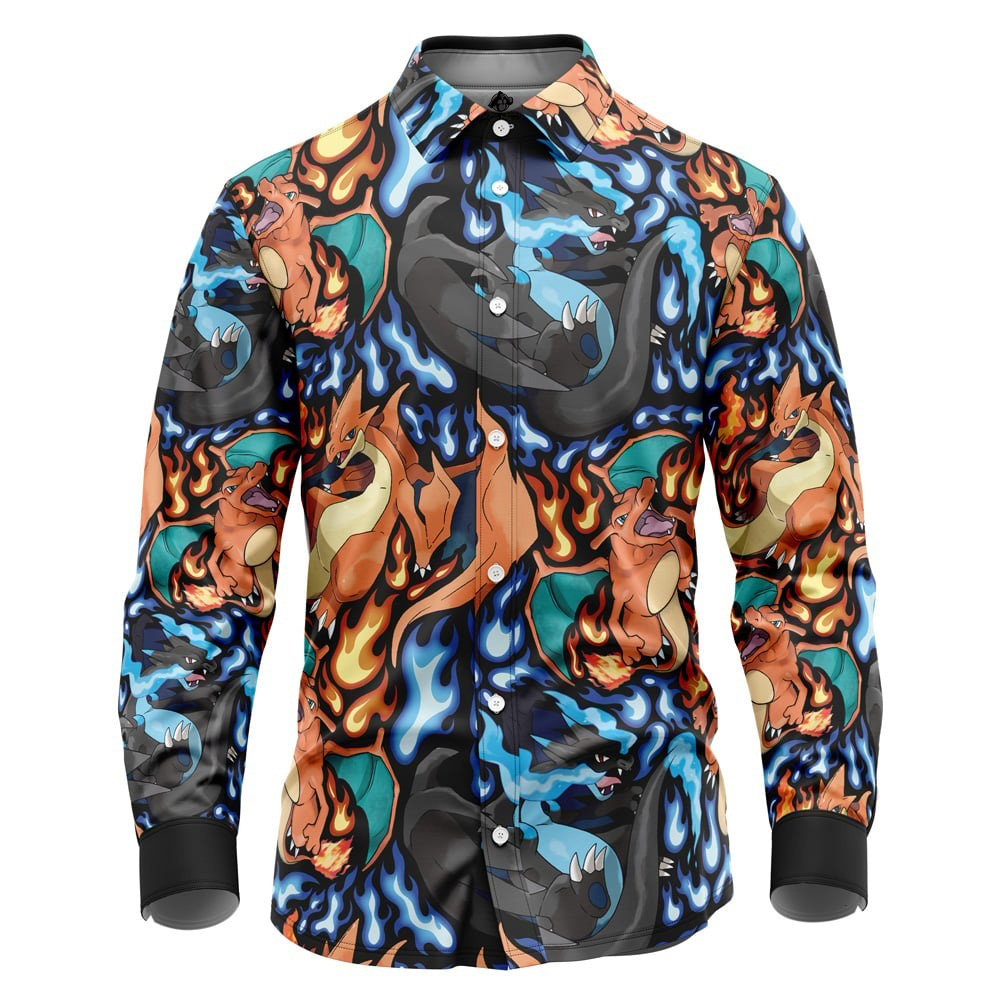Charizard Mega Evolution Pokemon Long Sleeve Button Up Shirt - AnimeBape