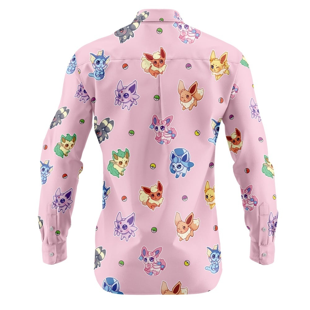 Chibi Eevelutions Pattern Pokemon Long Sleeve Button Up Shirt - AnimeBape