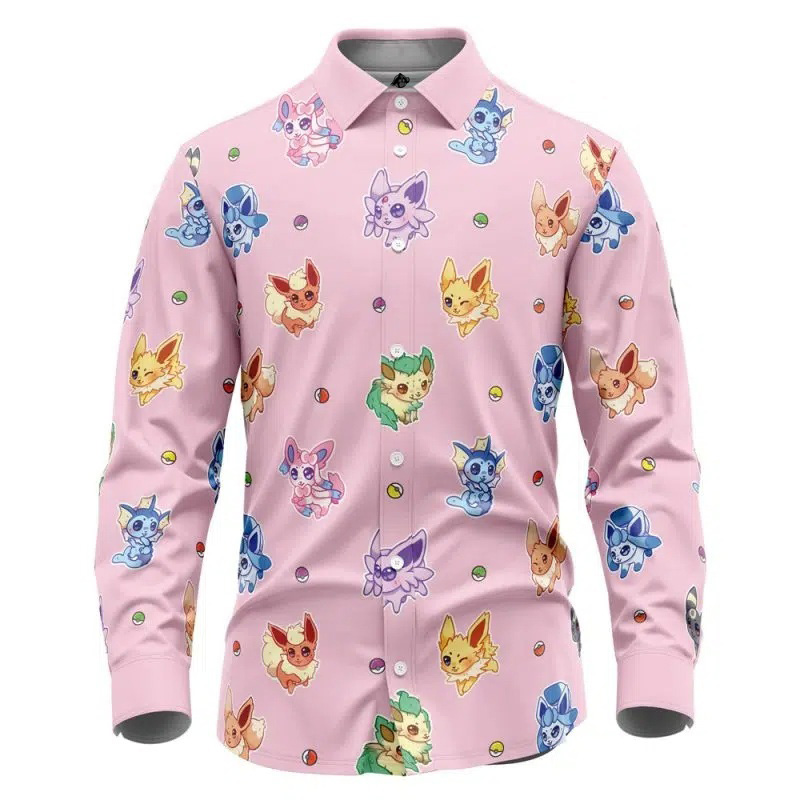 Chibi Eevelutions Pattern Pokemon Long Sleeve Button Up Shirt - AnimeBape