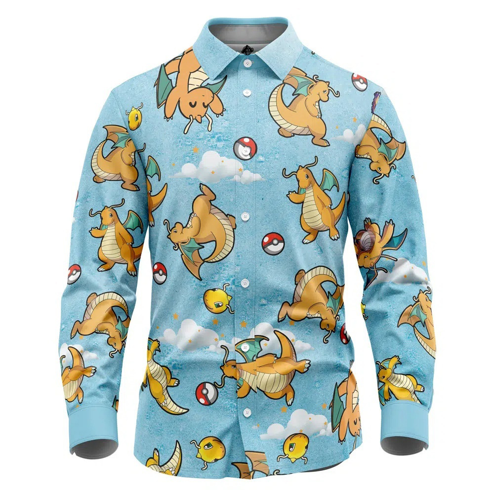 Dragonite Pattern Pokemon Long Sleeve Button Up Shirt - AnimeBape