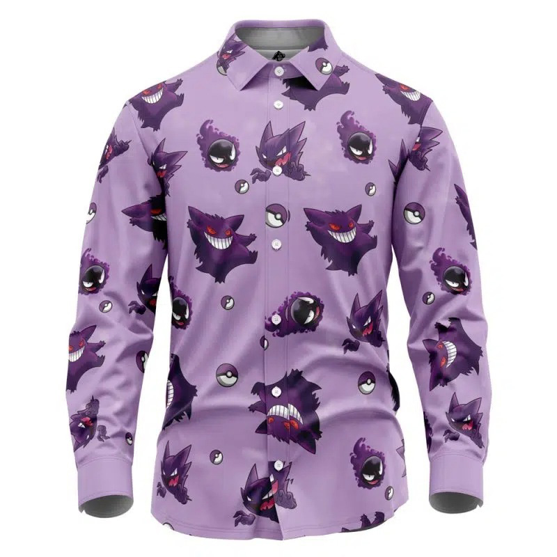 Gengar Pattern Pokemon Long Sleeve Button Up Shirt - AnimeBape