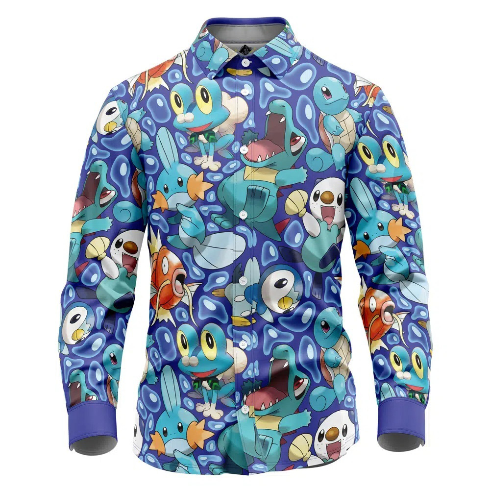 Water Type Starters Pokemon Long Sleeve Button Up Shirt - AnimeBape
