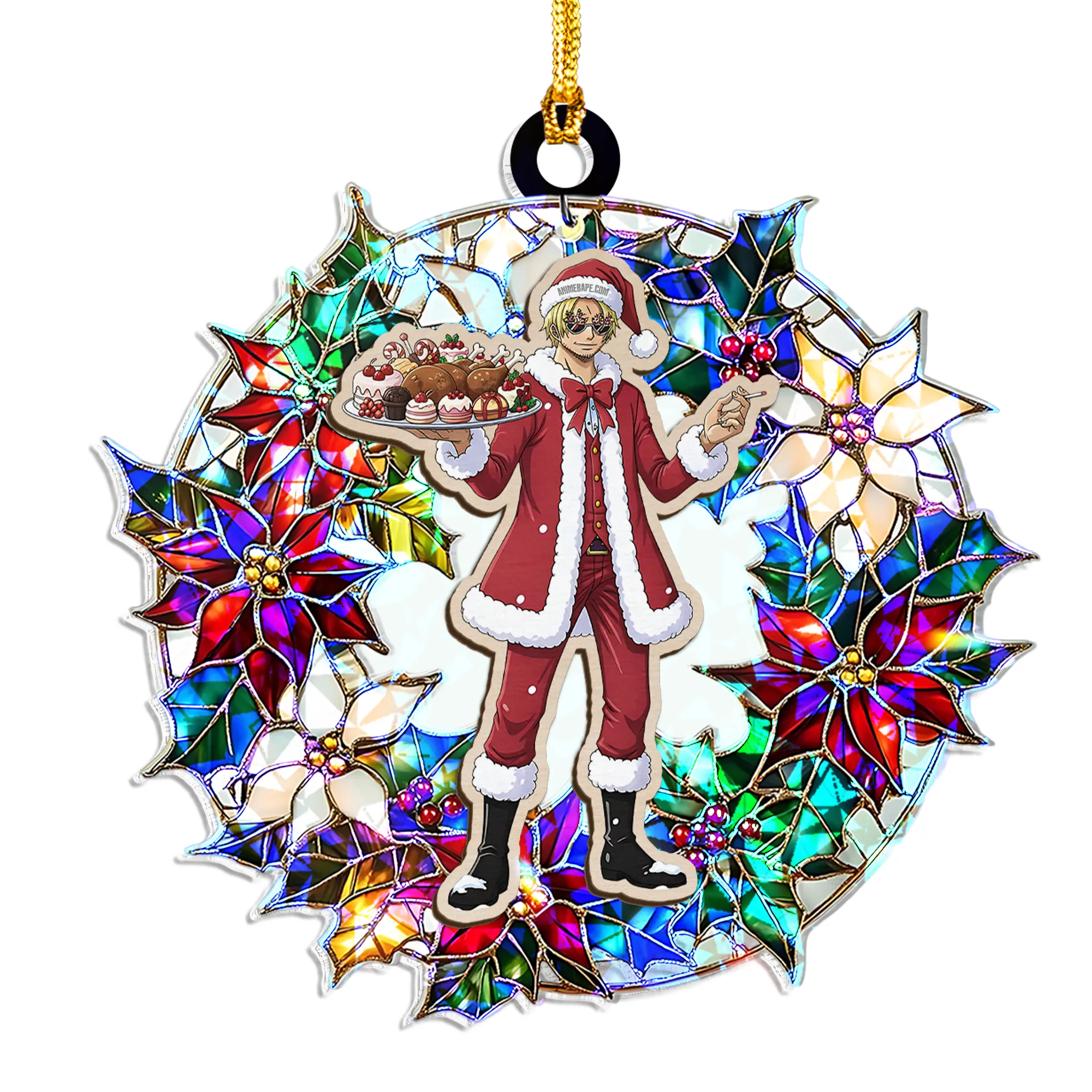 Sanji One Piece Wood Shattered Glass Hologram Ornament - AnimeBape