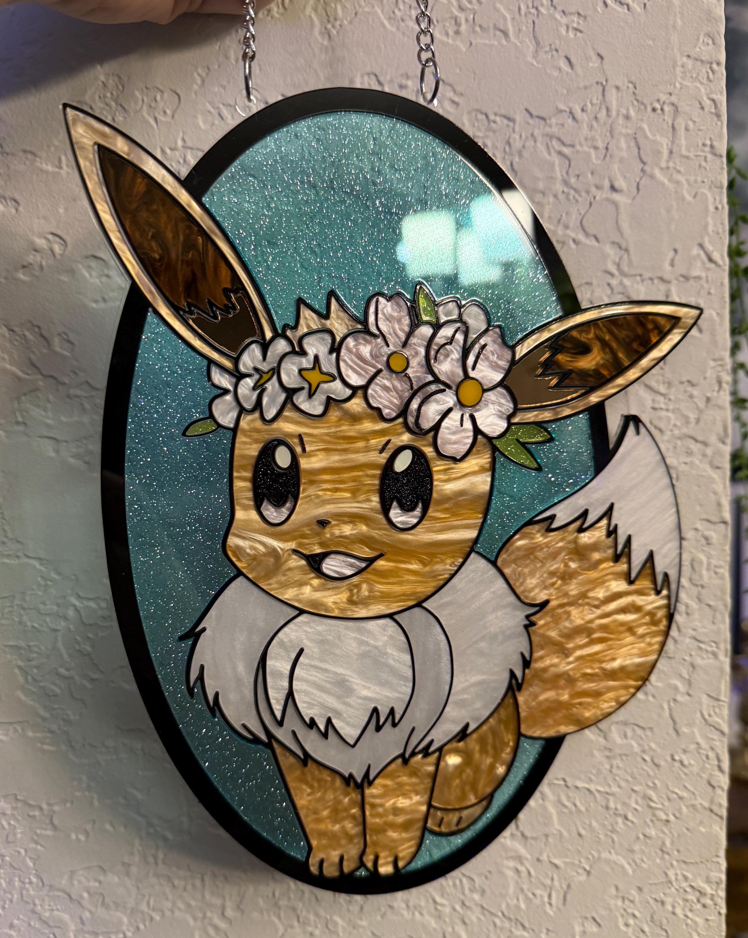 Pokemon Eevee Oval Shape Stained Glass Suncatcher - AnimeBape