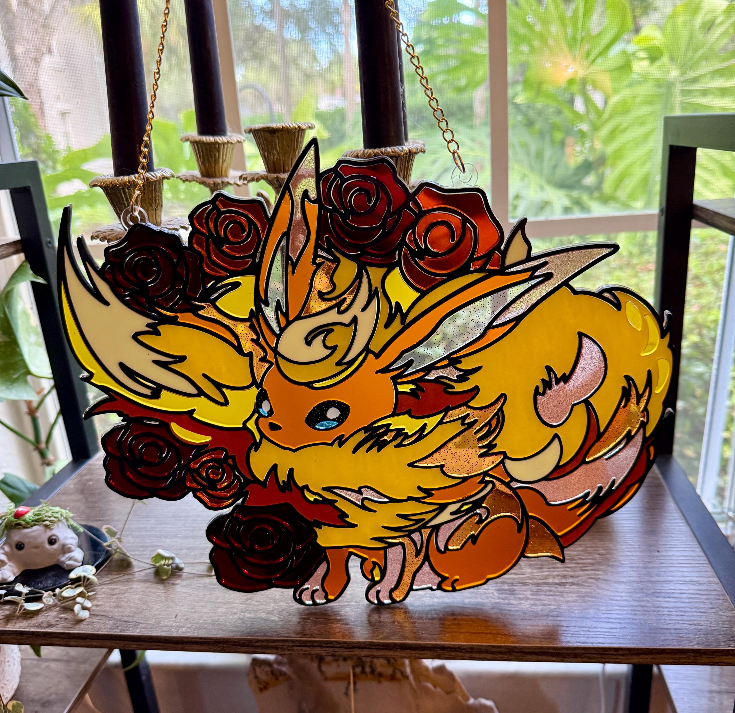Pokemon Flareon Custom Shape Stained Glass Suncatcher - AnimeBape