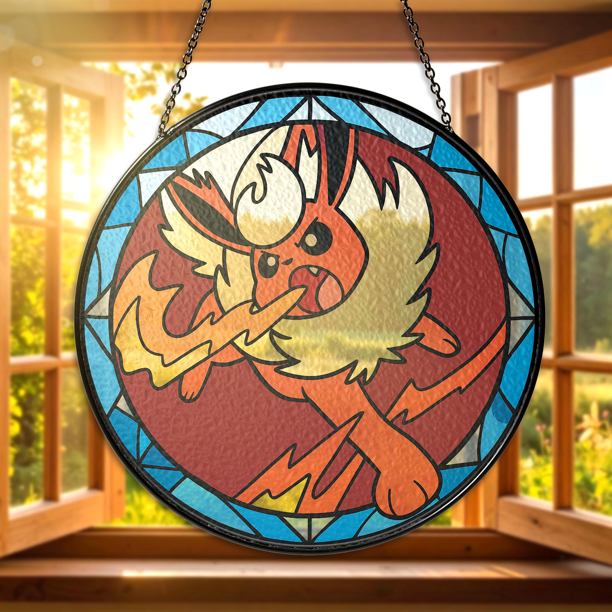 Pokemon Flareon Flamethrower Stained Glass Suncatcher - AnimeBape