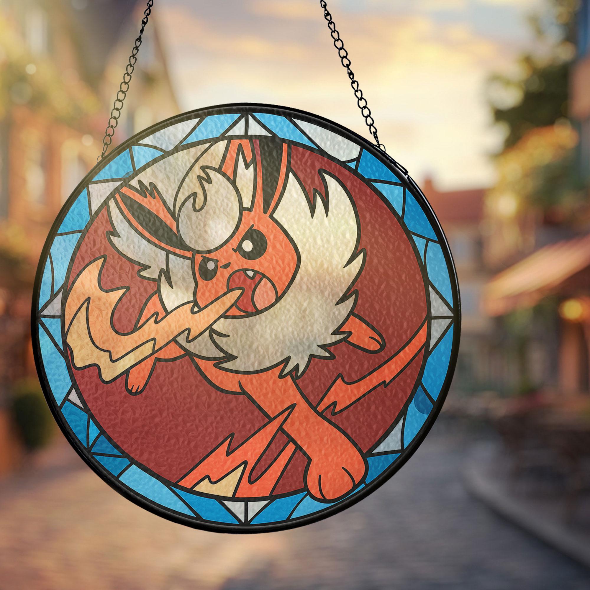 Pokemon Flareon Flamethrower Stained Glass Suncatcher - AnimeBape