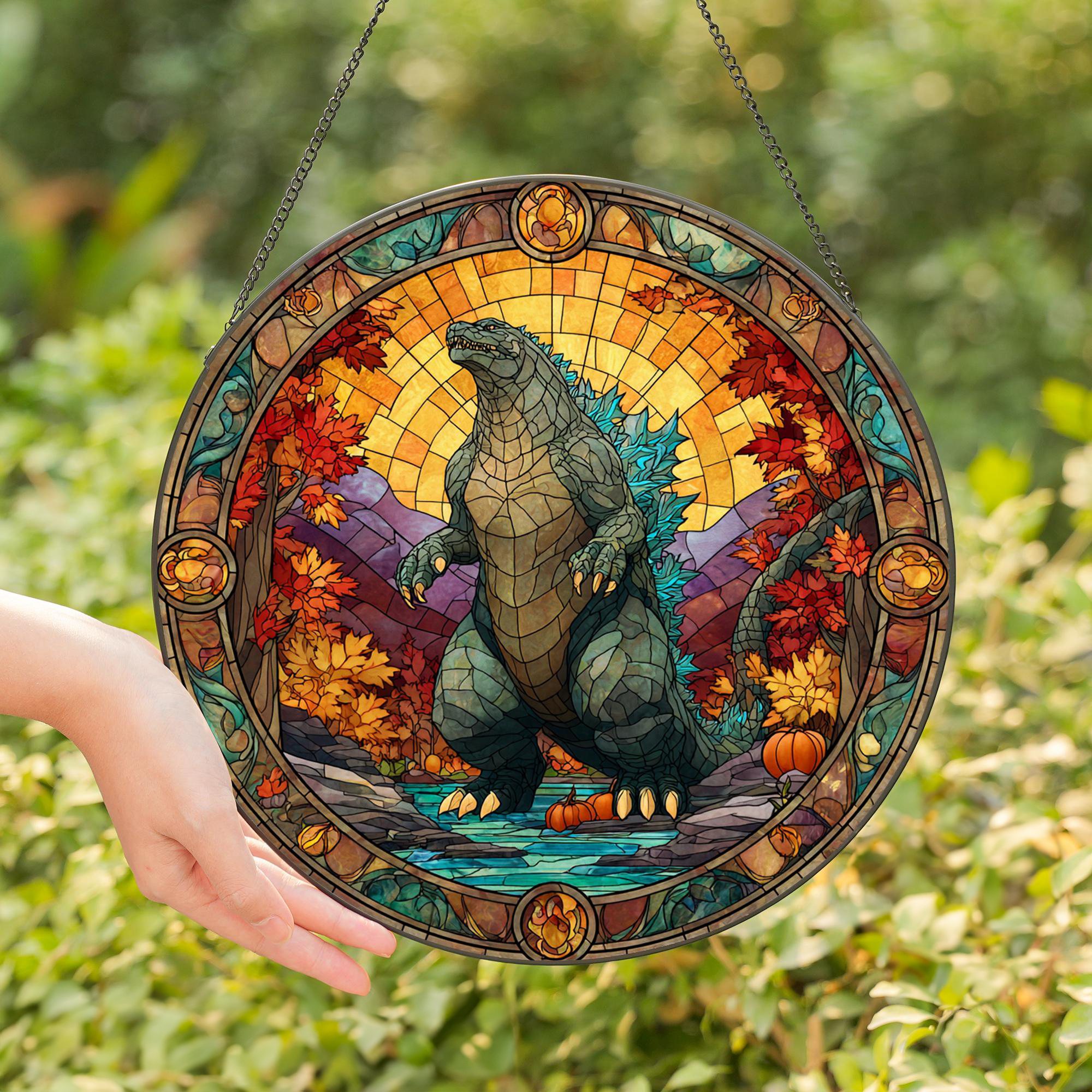 Godzilla Fall Themed Stained Glass Suncatcher For Decorating - AnimeBape