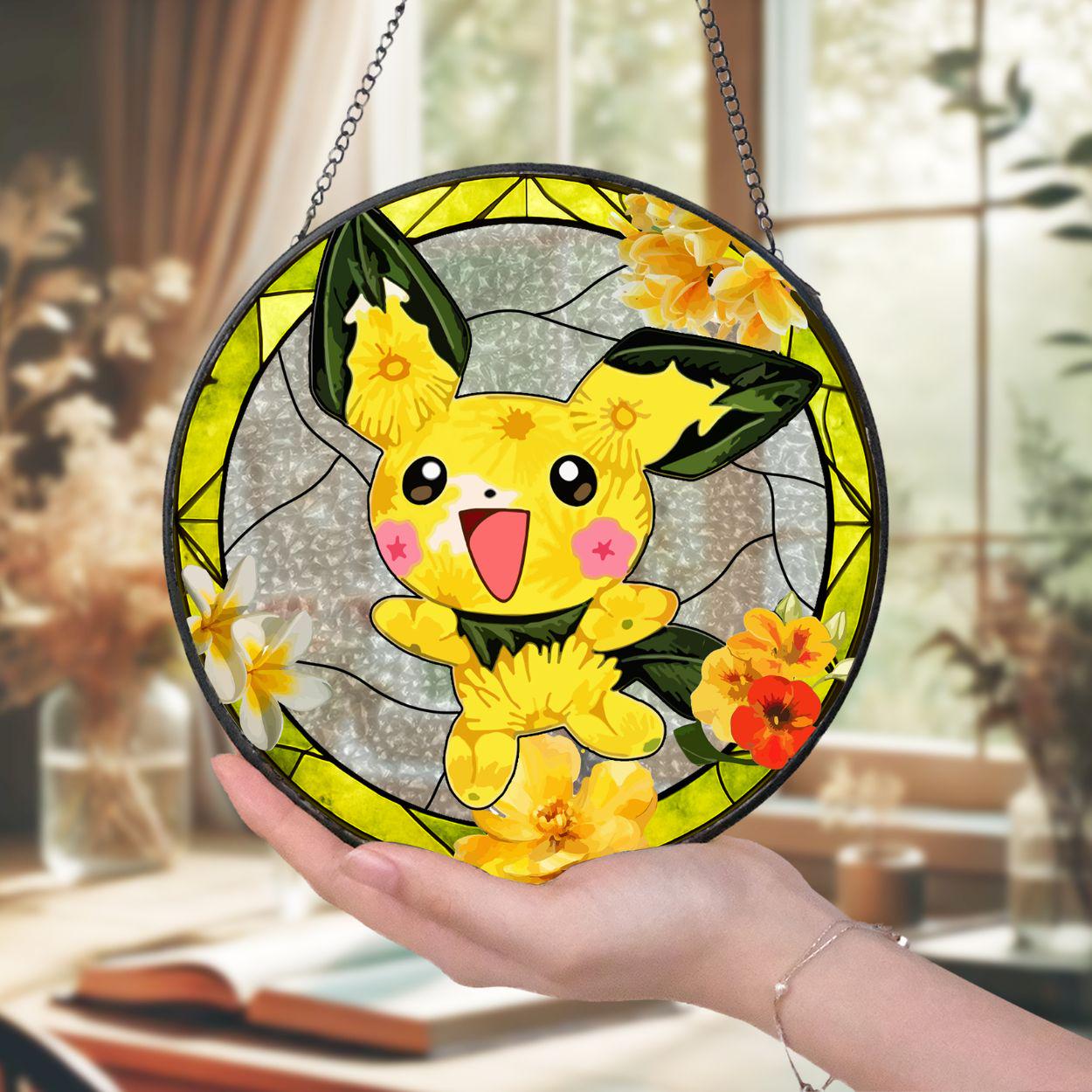 Pokemon Pichu Autumn Blossom Stained Glass Suncatcher - AnimeBape