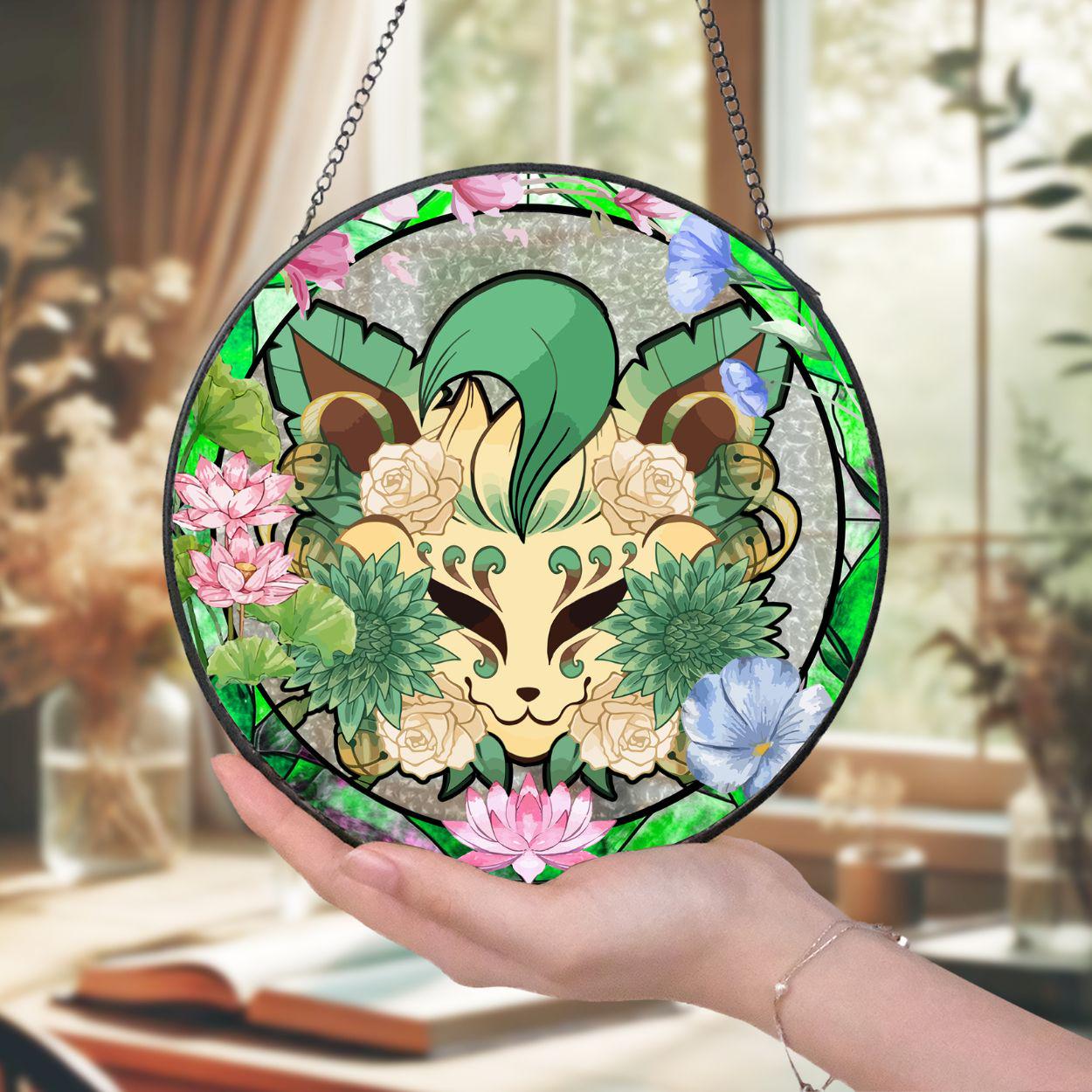 Pokemon Eevee Evolution Mythic Leafeon Stained Glass Suncatcher - AnimeBape