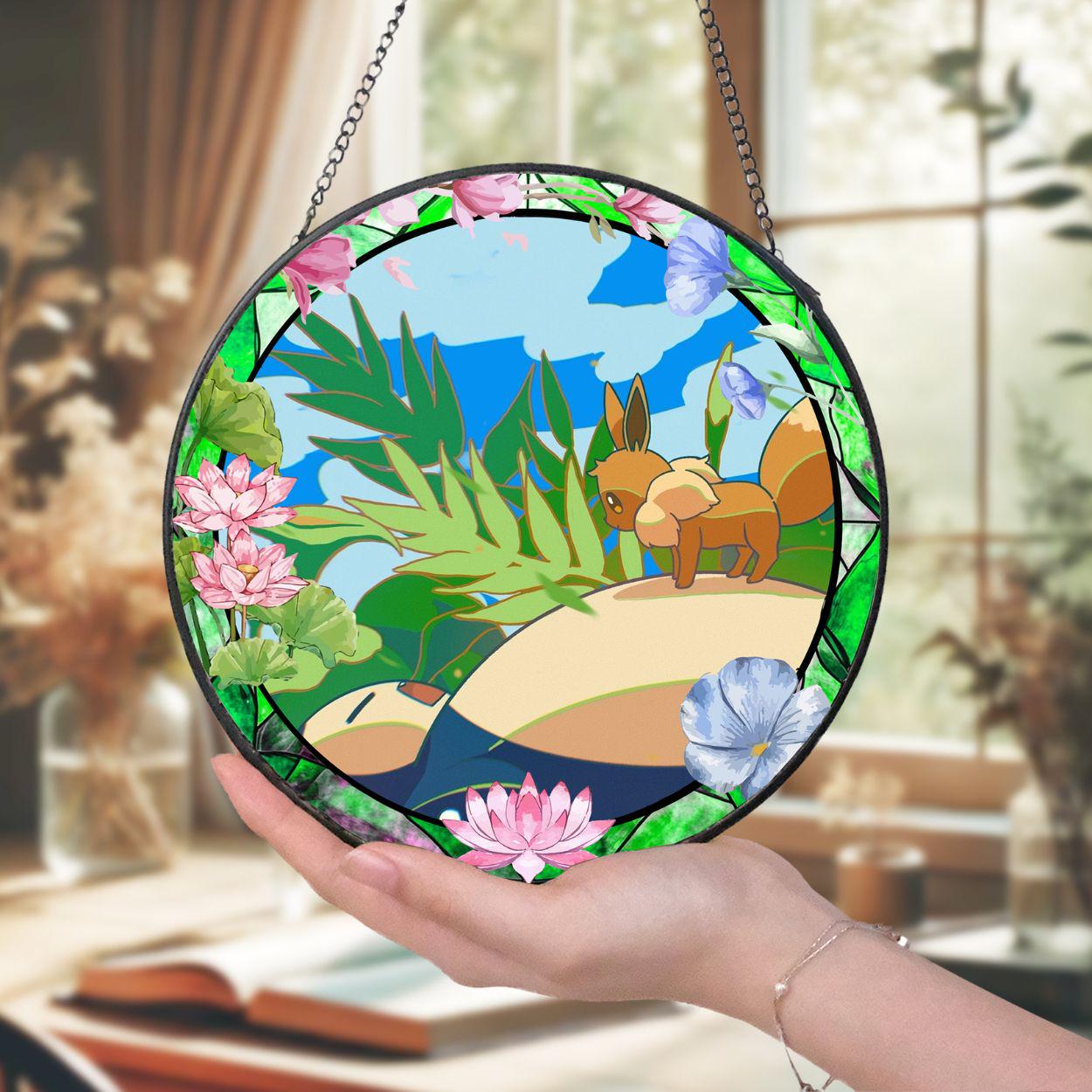 Pokemon Snorlax and Eevee Fun Cartoonized Stained Glass Suncatcher ...