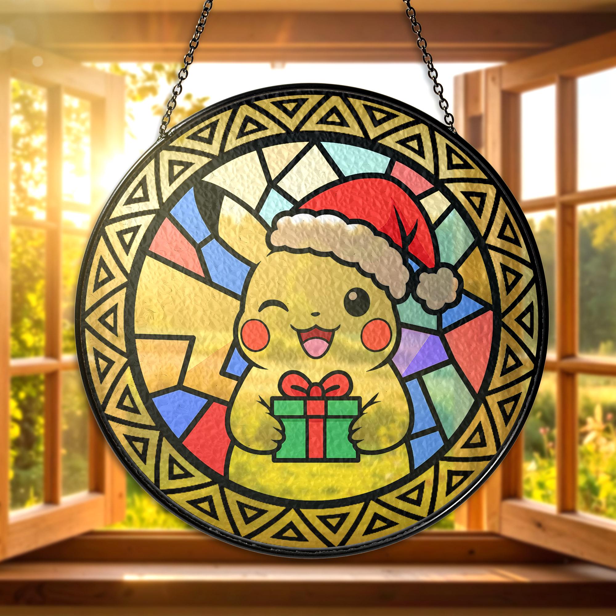 Pokemon Pikachu Merry Christmas Stained Glass Suncatcher - AnimeBape
