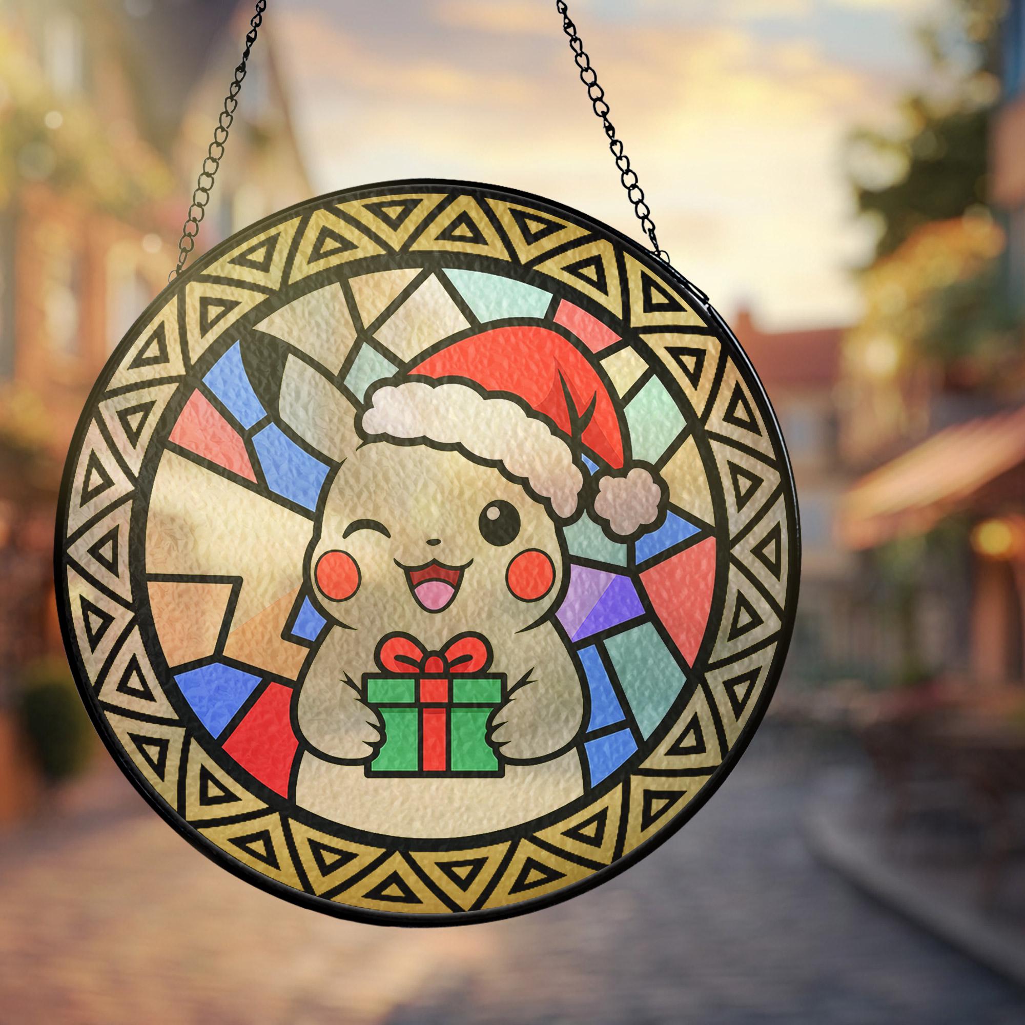 Pokemon Pikachu Merry Christmas Stained Glass Suncatcher - AnimeBape