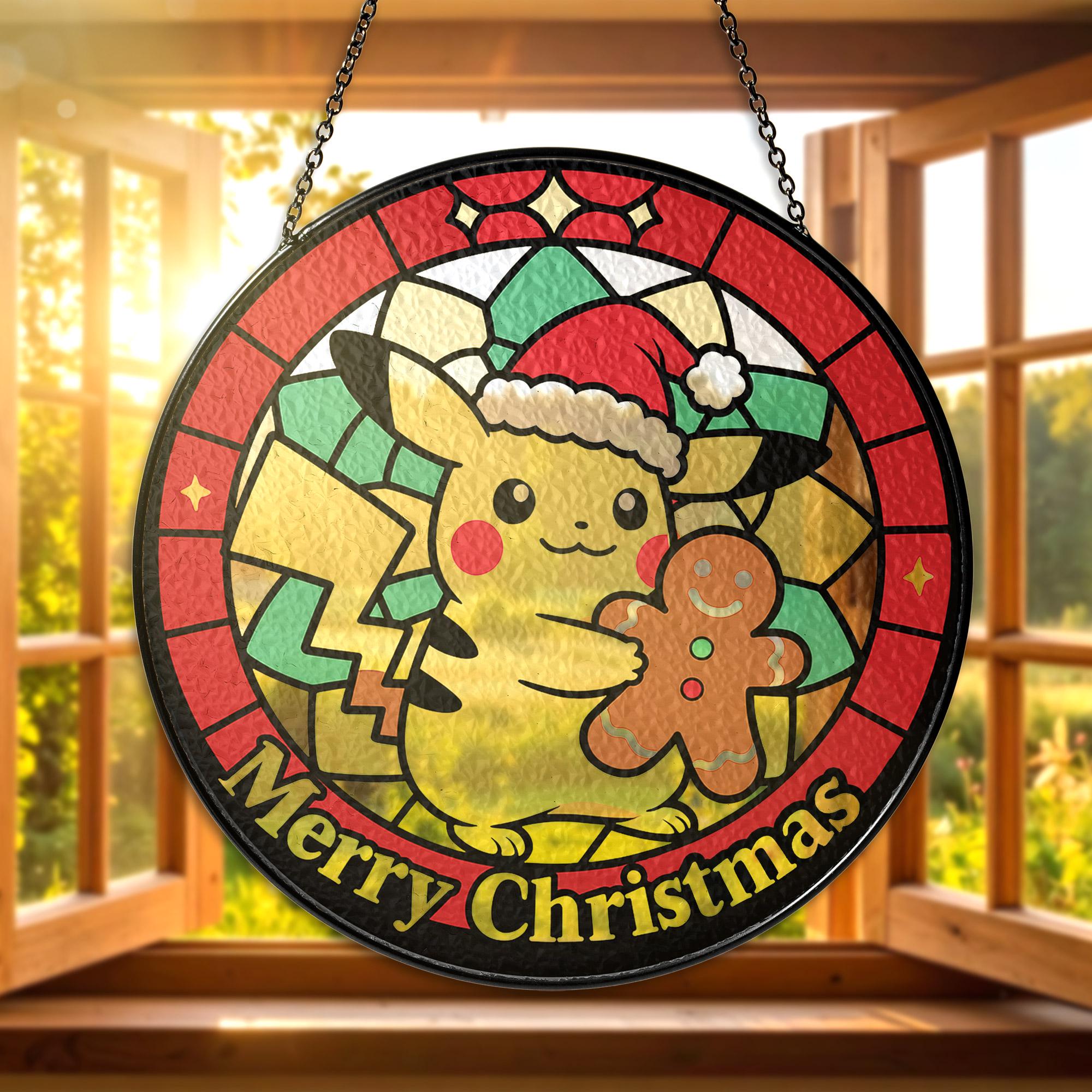 Pokemon Pikachu Merry Christmas Stained Glass Suncatcher Vers2 - AnimeBape
