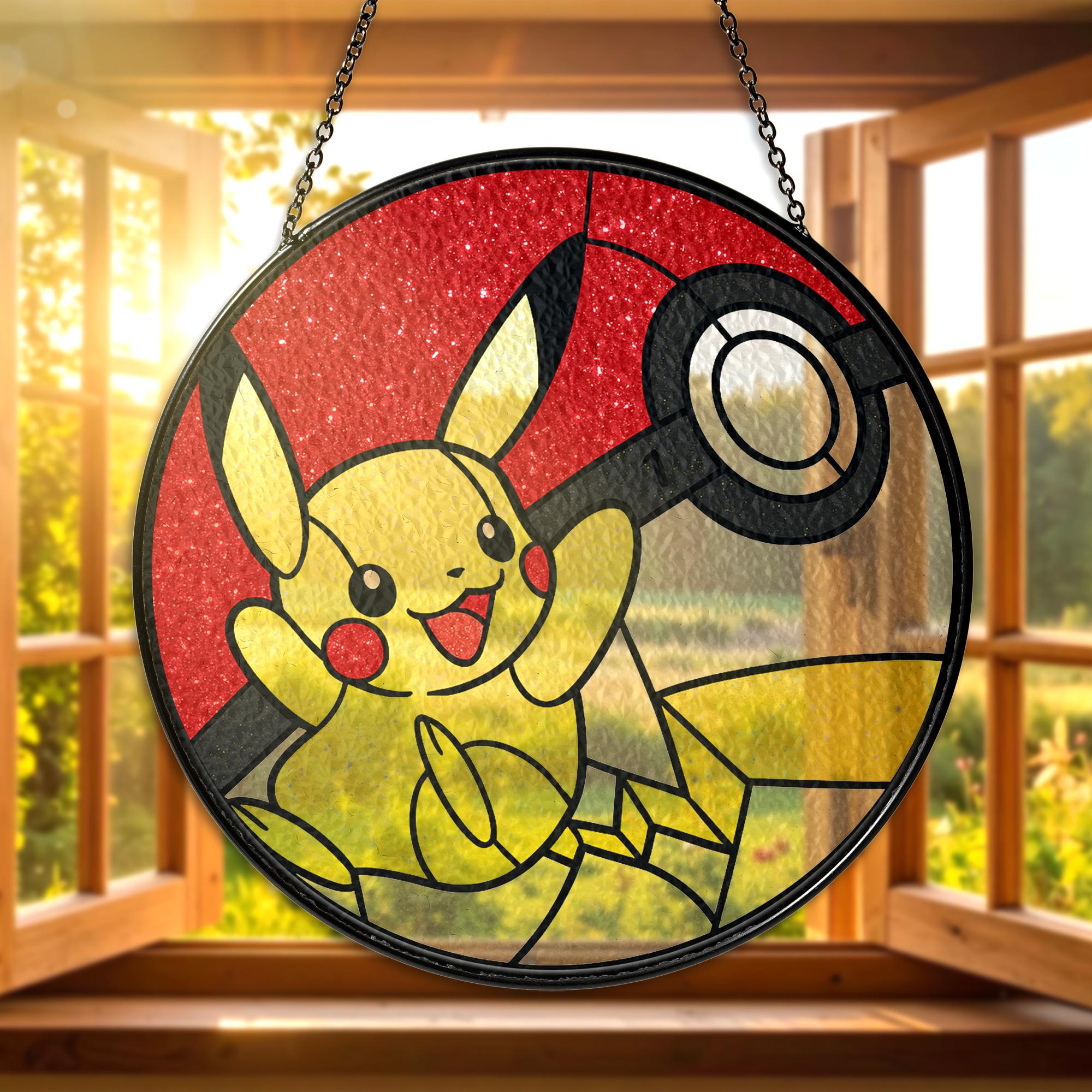 Pokemon Pikachu Pokeball Stained Glass Suncatcher - AnimeBape