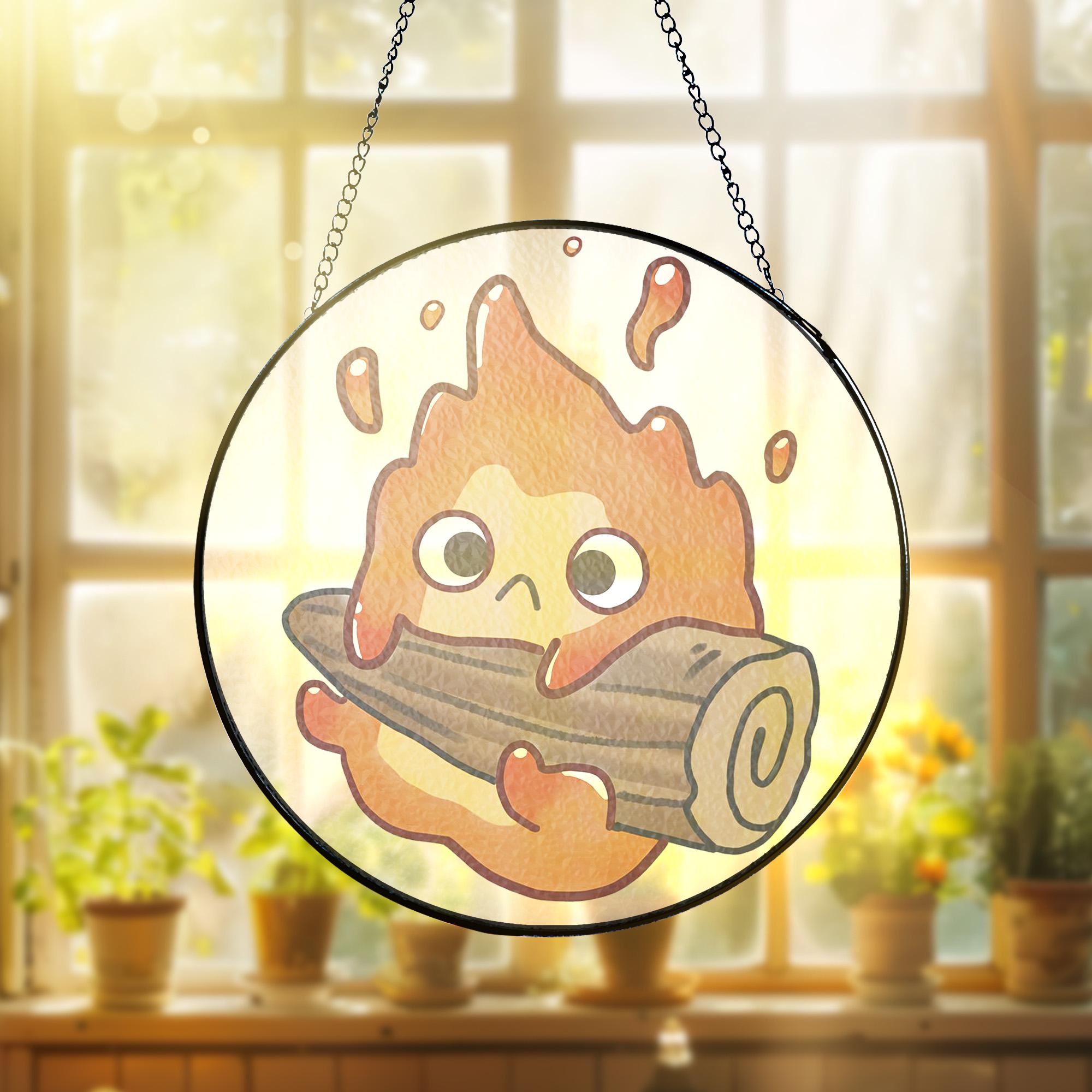 Ghibli Howls Moving Castle Chibi Calcifer Stained Glass Suncatcher ...