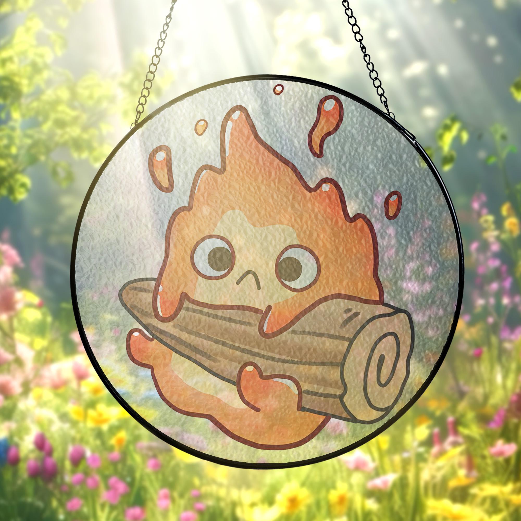 Ghibli Howls Moving Castle Chibi Calcifer Stained Glass Suncatcher ...