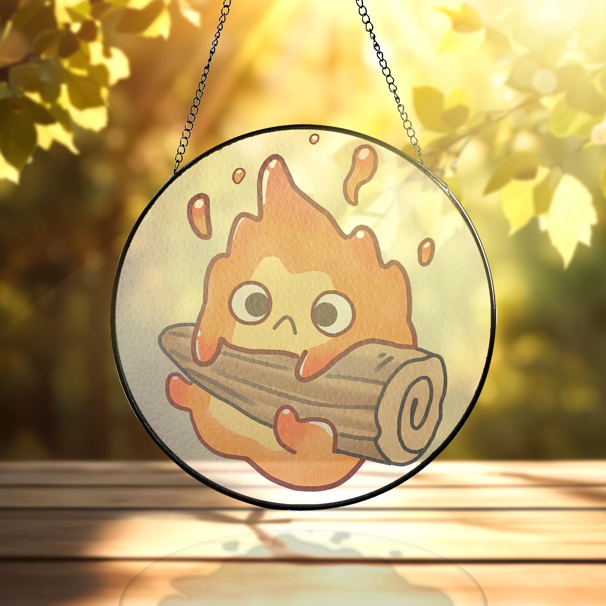 Ghibli Howls Moving Castle Chibi Calcifer Stained Glass Suncatcher ...