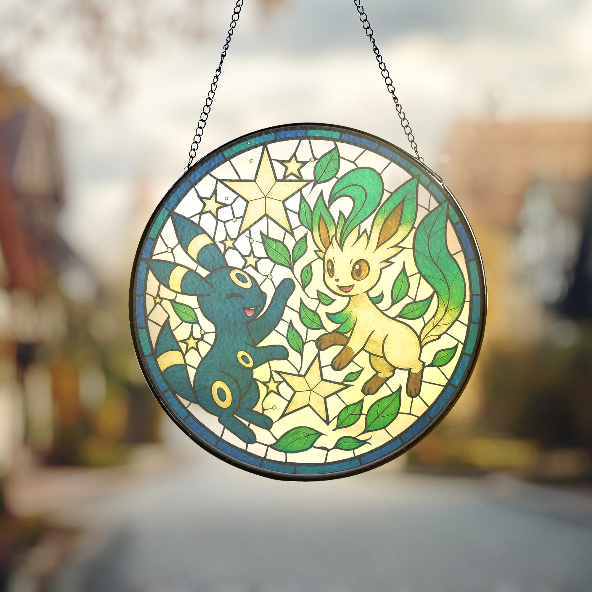 Pokemon Umbreon and Leafeon Stained Glass Suncatcher - AnimeBape