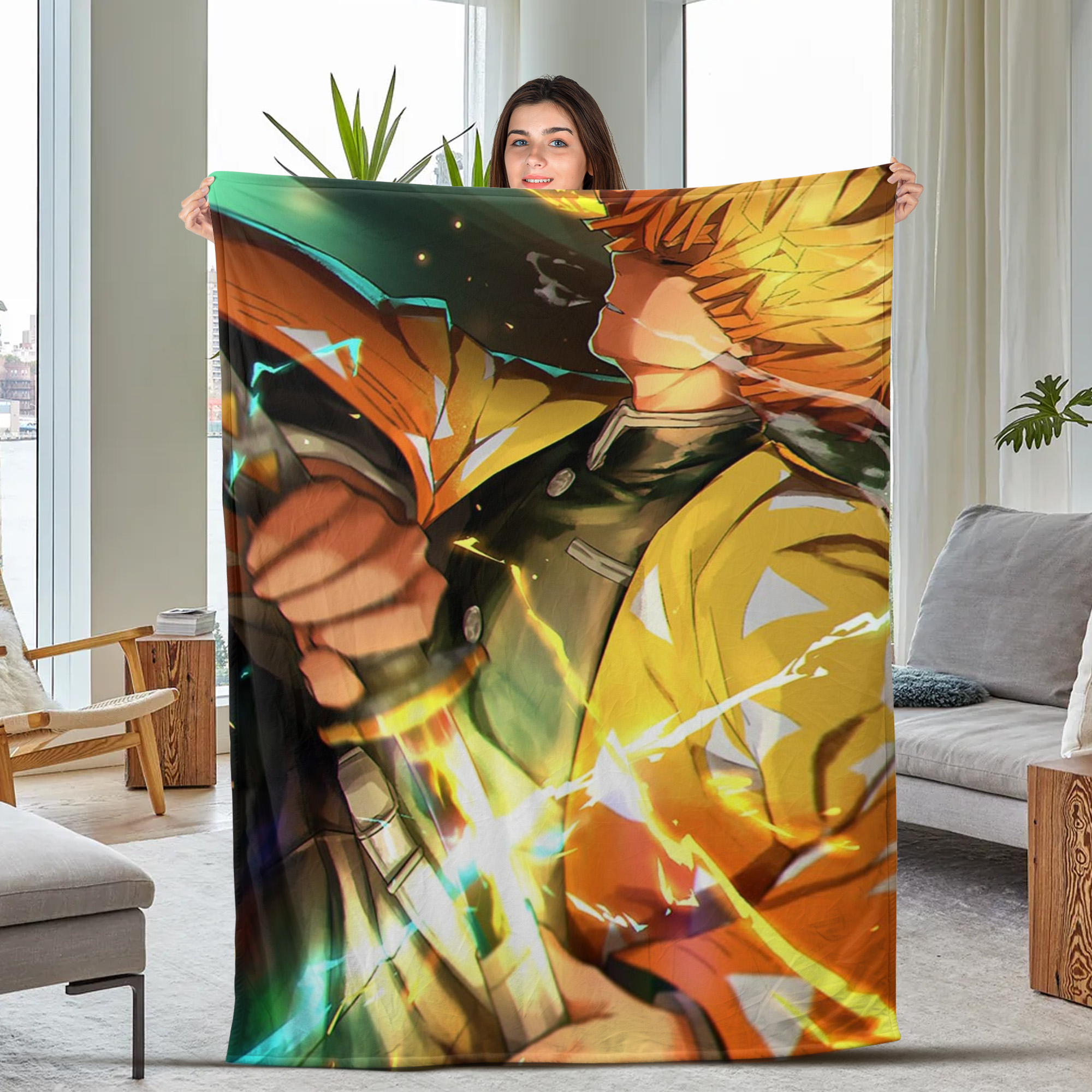 Demon Slayer Zenitsu Neon Art Blanket - AnimeBape